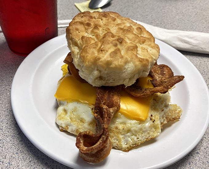 This breakfast sandwich isn't just food – it's architecture, engineering, and art all stacked between a perfect biscuit. 