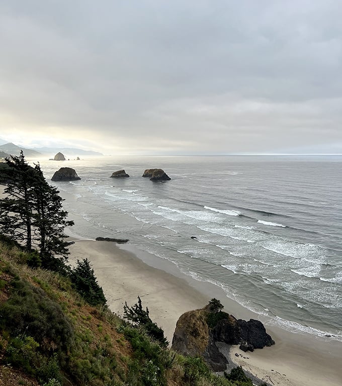 Even under cloudy skies, Short Sand Beach maintains its mysterious charm and dramatic coastal personality.