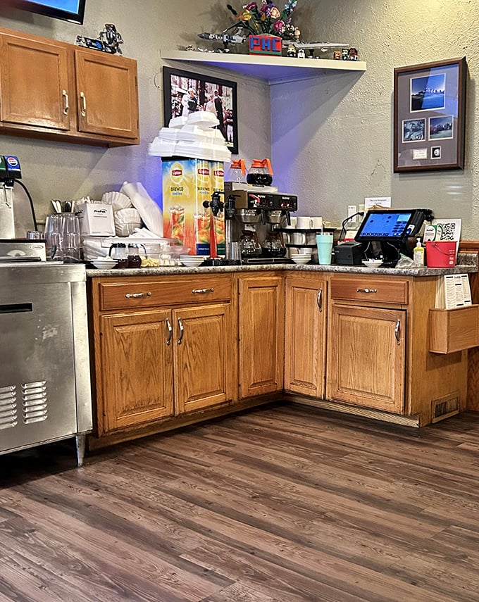 The coffee station—civilization's greatest achievement and the unsung hero of every diner worth its salt. Morning salvation, served hot.