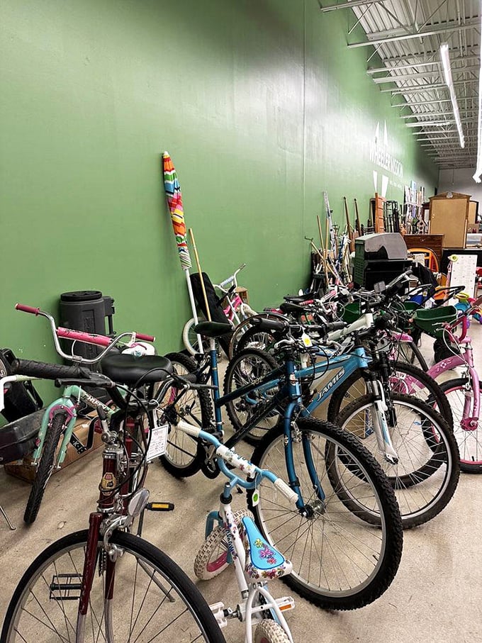 The bicycle collection offers wheels of all sizes—from first bikes with training wheels to adult models ready for new adventures on Indiana trails.