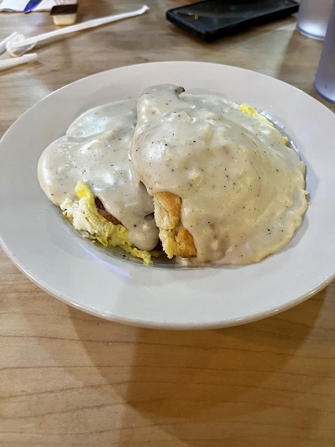 Biscuits drowning in sausage gravy – comfort food that could cure homesickness and Monday morning blues.