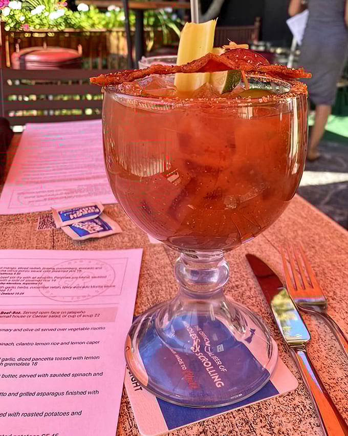 A Bloody Mary garnished with what appears to be half the garden. The cocktail that thinks it's a meal—and might be right.
