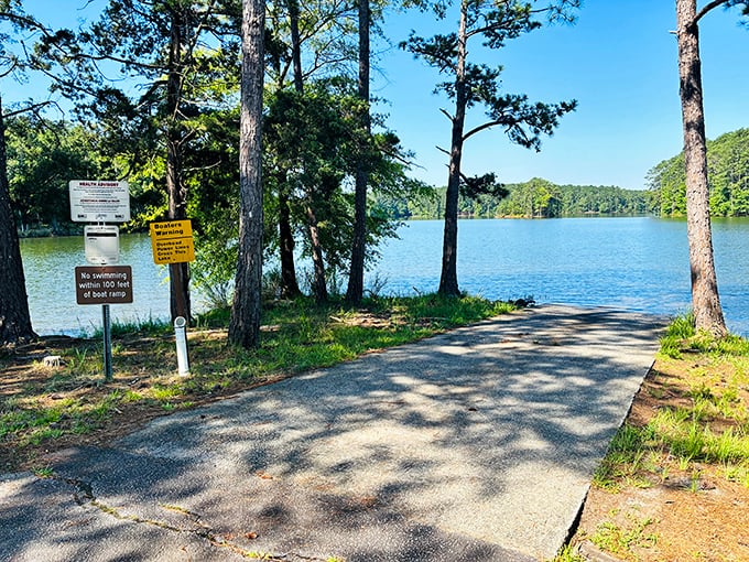The boat ramp welcomes vessels of all sizes, from ambitious kayaks to optimistic fishing boats.