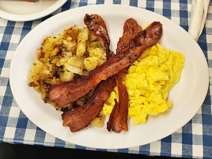 The breakfast combo that says, "Yes, I'm an adult who can have bacon, eggs, AND pancakes, thank you very much."