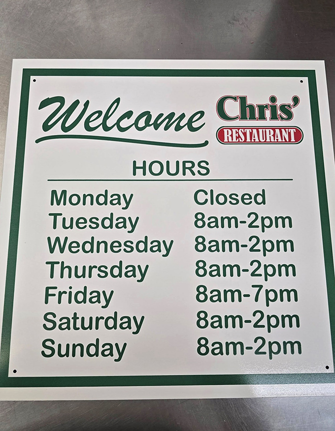 Hours that tell you everything about a restaurant's priorities—open early for breakfast lovers and staying late Friday for the perch dinner crowd.