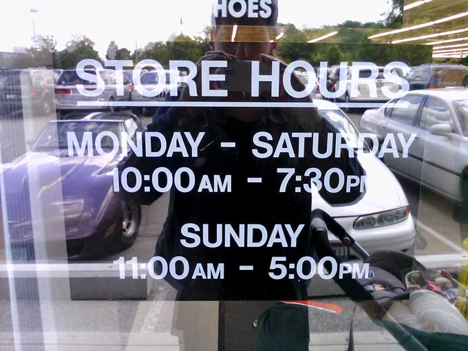 The store hours sign offers the practical information every treasure hunter needs—including those precious Sunday afternoon hours for weekend warriors.