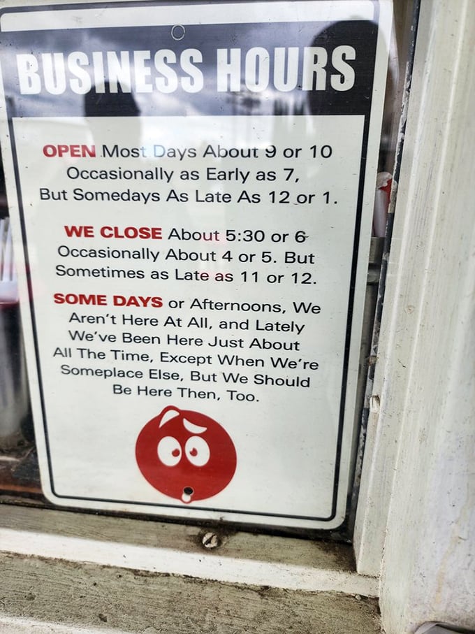 Business hours posted like a promise – "We'll be here when hunger strikes."