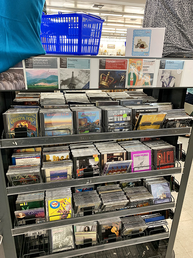 CD shelves that time forgot, offering musical journeys from Bach to rock. Remember when we all had those towering CD storage units?