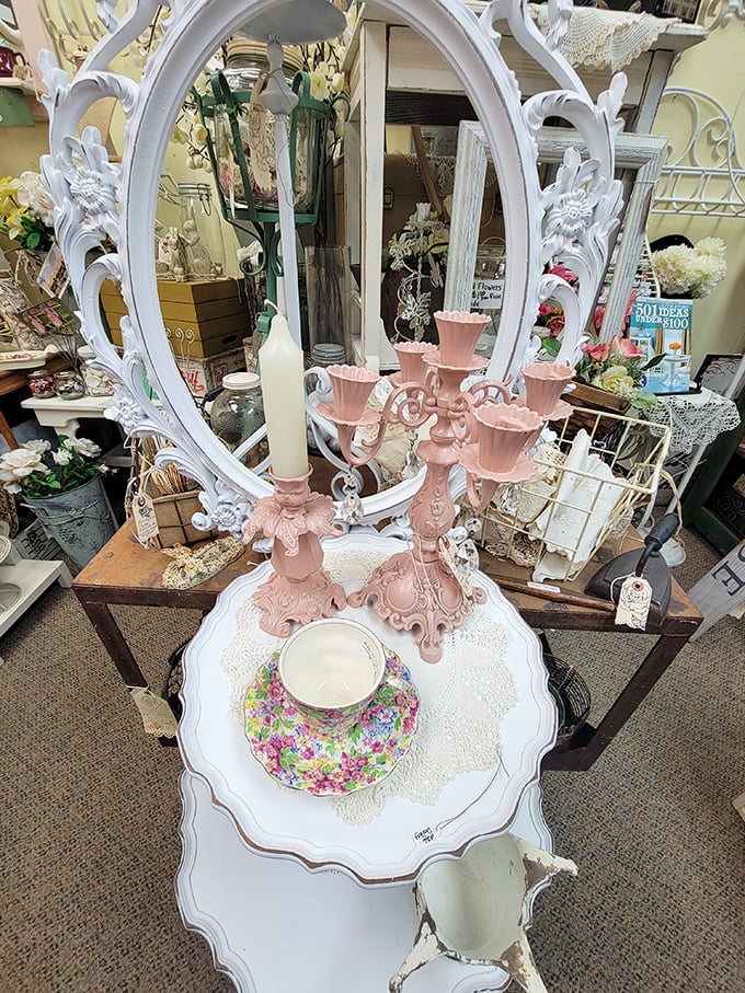 A romantic tableau of pink candelabras and floral teacups creates an instant tea party setting that would make Alice herself stop for wonderment.