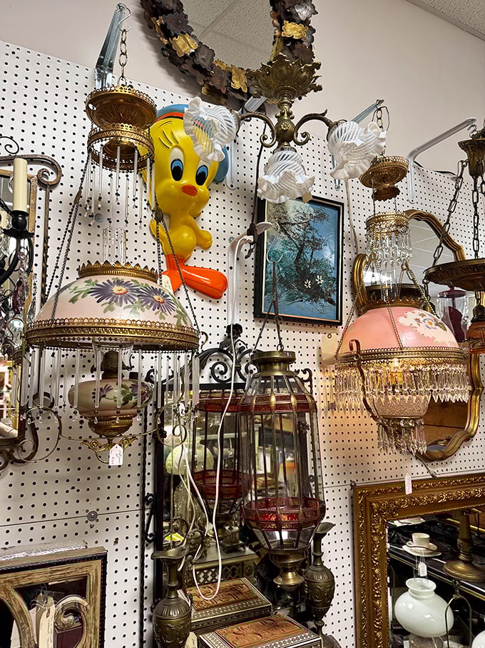 Vintage lighting that outshines modern fixtures – with a surprise Tweety Bird cameo that proves nostalgia comes in all forms, from elegant to cartoon.