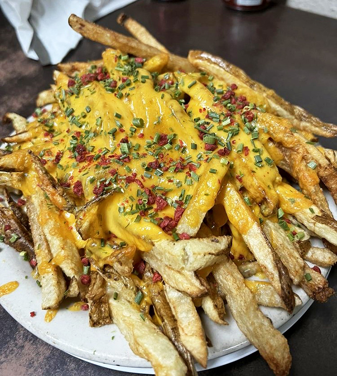 Loaded cheese fries that laugh in the face of moderation – a glorious mess of crispy potatoes, melted cheese, bacon bits and chives that demands to be shared.
