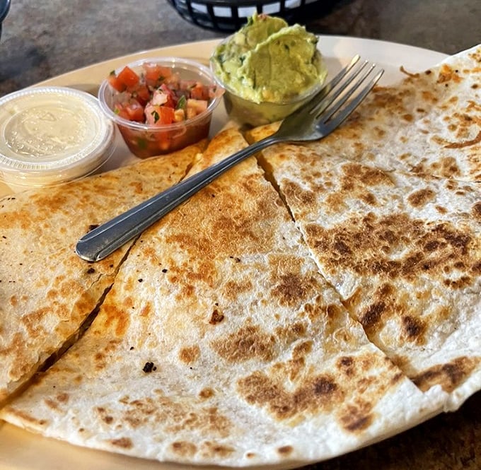 A quesadilla that takes no prisoners—golden, crispy, and ready for its close-up. Those sides of salsa and guacamole are standing by for duty.