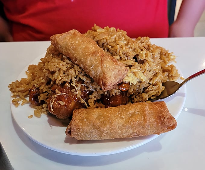 Fried spring rolls perched atop seasoned rice—proof that sometimes the simplest combinations deliver the most satisfying flavors.