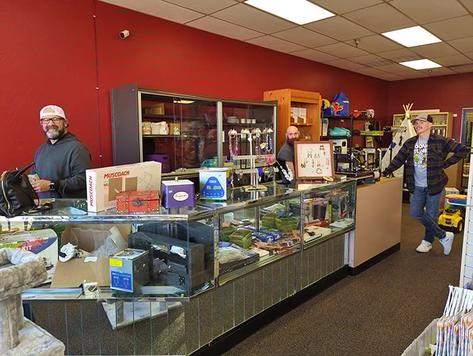 The checkout counter—where treasures are tallied and the thrill of the bargain is sealed with a friendly transaction and knowing smile.