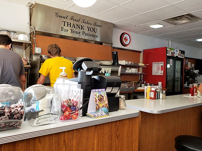 Candy jars at the counter – because sometimes adults need a treat after finishing their breakfast, just like when we were kids.