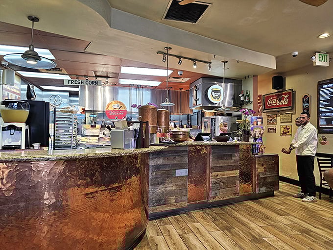 That copper-fronted counter isn't just beautiful – it's the gateway to some of the best fried chicken in California.
