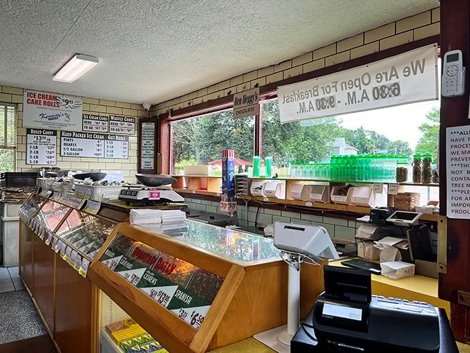 Behind this counter, ice cream dreams come true. The display case tempts with chocolates and candies that make perfect travel companions.