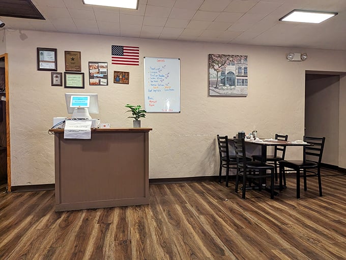 The host station welcomes you with Midwestern efficiency—no pretense, just the promise of a good meal in a clean, comfortable setting.