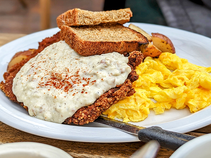 Country Fried Steak that your Southern grandmother would approve of. That gravy isn't just a topping—it's a warm, peppery blanket for your breakfast.