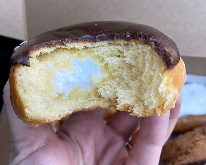 The cross-section reveals the truth—this cream-filled donut contains more filling than some chain bakeries put in their entire display case.
