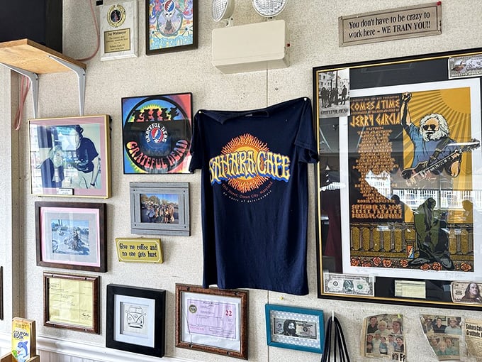The wall of memories—concert posters, t-shirts, and local memorabilia—tells you this isn't just a restaurant, it's a community landmark.