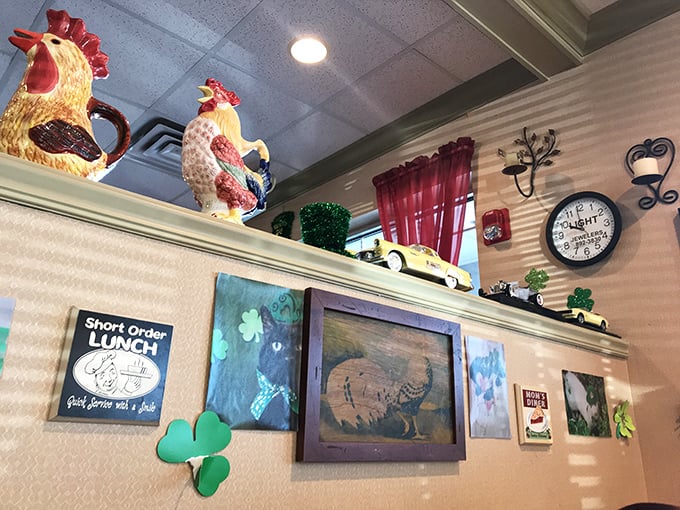 Rooster figurines stand guard over the dining room, ensuring every egg dish meets their exacting poultry standards.