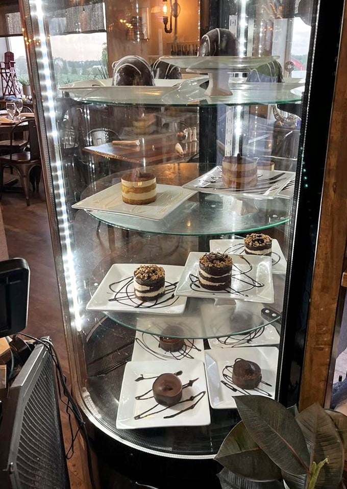 The dessert case—where willpower goes to die a delicious death. Each shelf offers sweet redemption for any day gone sideways.