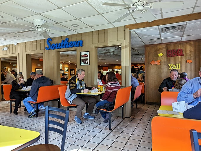 The "Southern BBQ Y'all" sign says it all—this is where locals and tourists alike gather for a taste of authentic Virginia barbecue tradition.