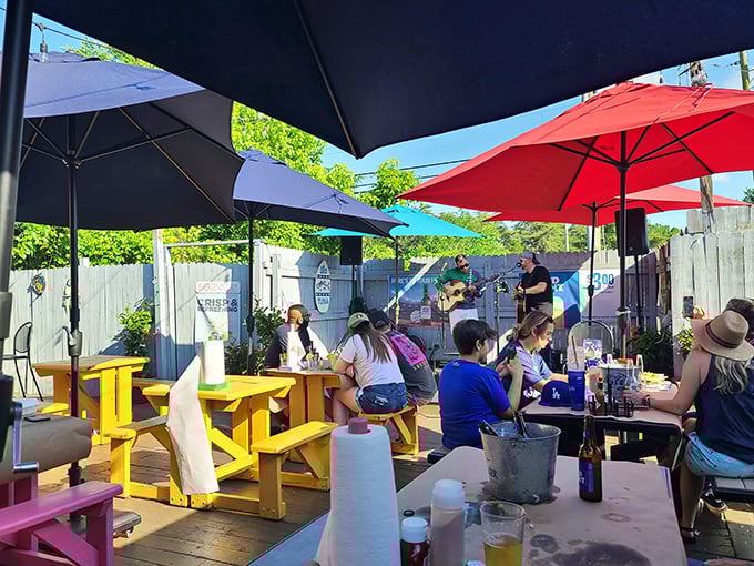 The outdoor dining area's colorful picnic tables invite you to enjoy your seafood with a side of sunshine.
