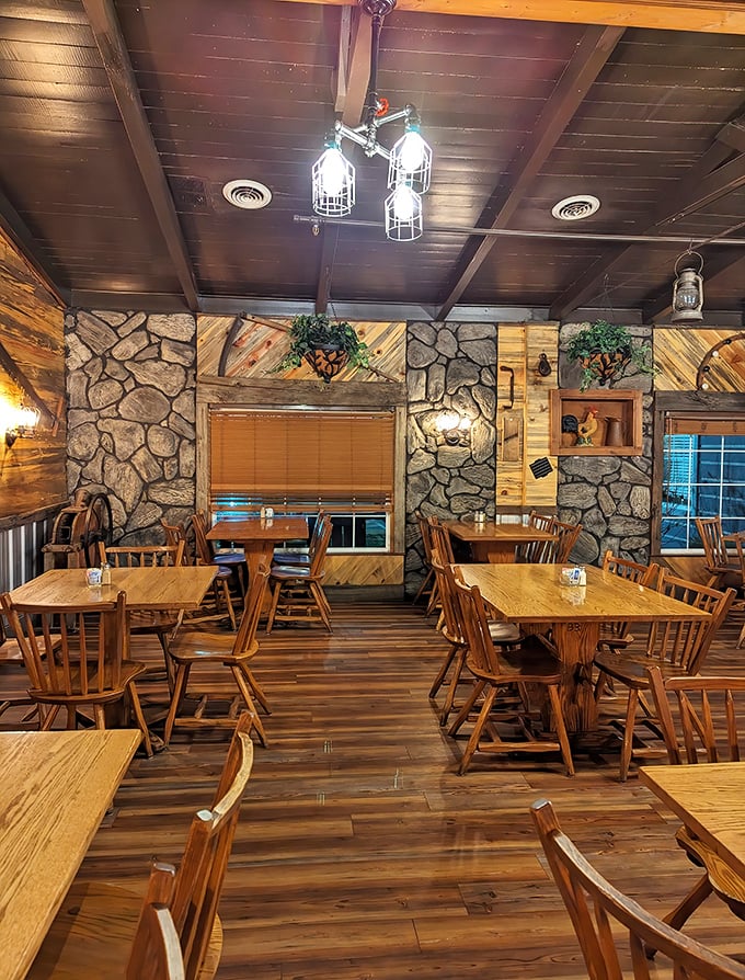 Stone walls, wooden beams, and tables set just far enough apart for privacy but close enough for community—Southern hospitality by design.
