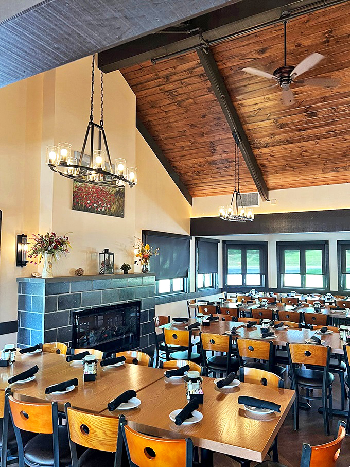 Vaulted wooden ceilings and warm lighting create the perfect atmosphere for important decisions—like whether to order dessert.