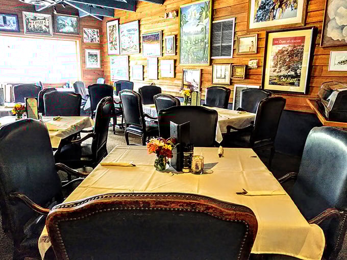 White tablecloths and comfortable seating surrounded by walls of local art—casual elegance that says "take your time, stay awhile."