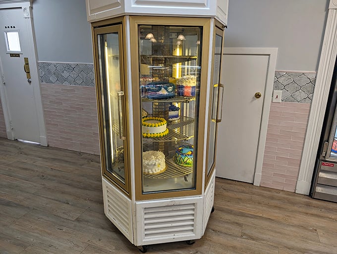 This elegant rotating display case is the dessert equivalent of a jewelry store. Except these gems disappear much faster.