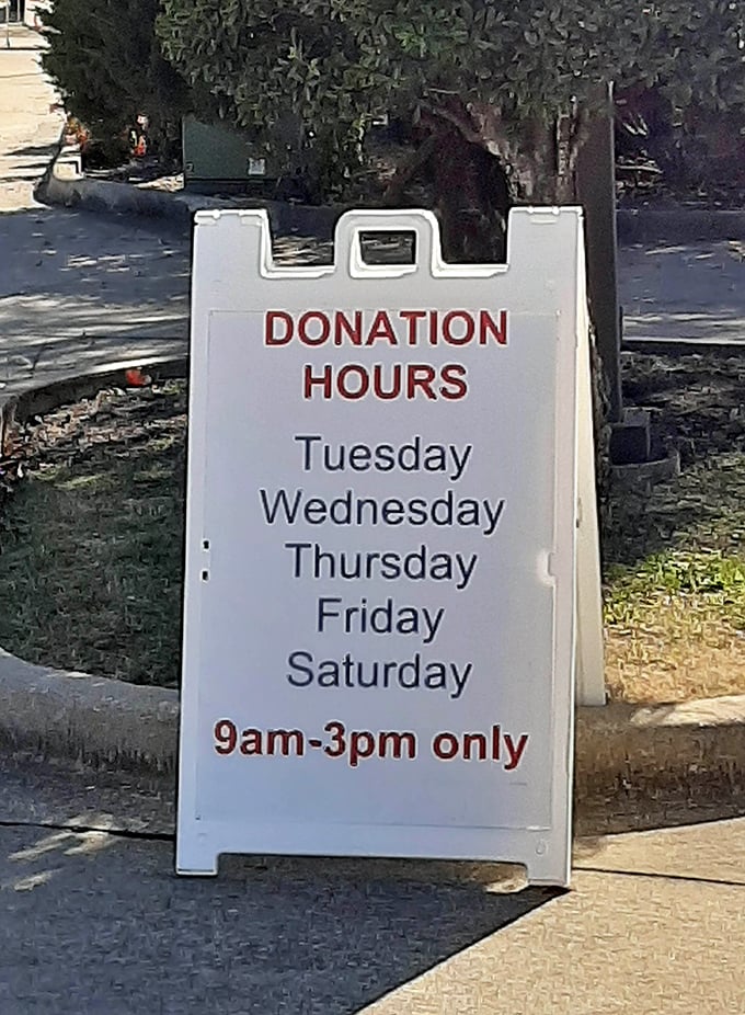 The donation schedule, clearly posted for all to see—because yesterday's decluttering becomes tomorrow's discovery for another thrifty Texan.