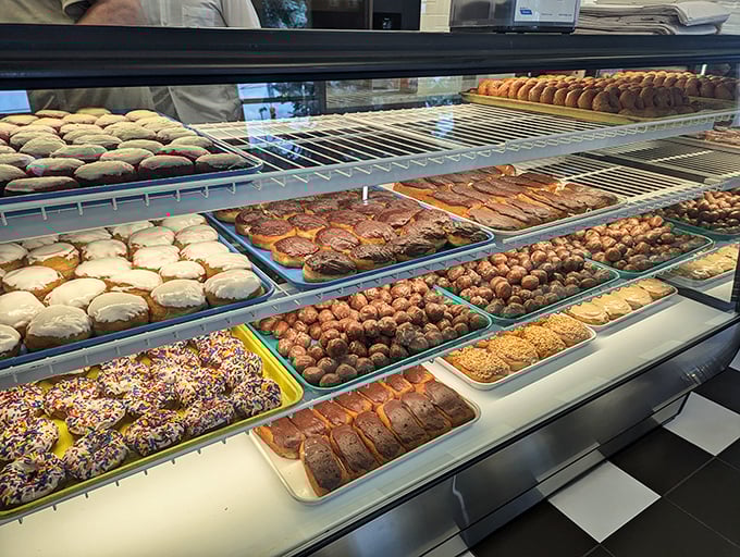 The display case – a museum of edible art where sprinkles, glazes, and fillings compete for your attention and willpower goes to die.