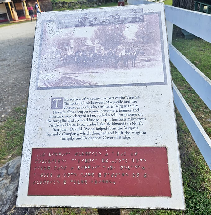 History lessons don't get more tangible than this—a plaque revealing the bridge's role in connecting California's Gold Country communities.