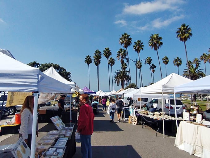 The farmers market lineup of white tents against palm trees—California's version of "farm-to-table" includes vitamin D.