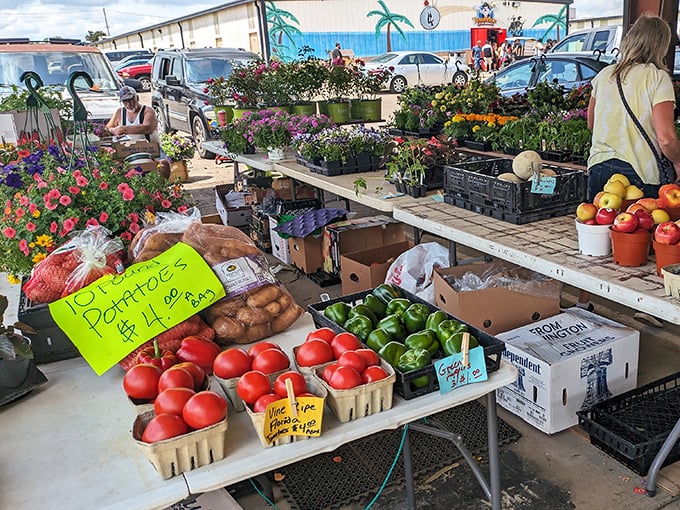 Farm-fresh finds bring a taste of country bounty to the market. Those tomatoes look like they were picked this morning and might still be warm from the sun.