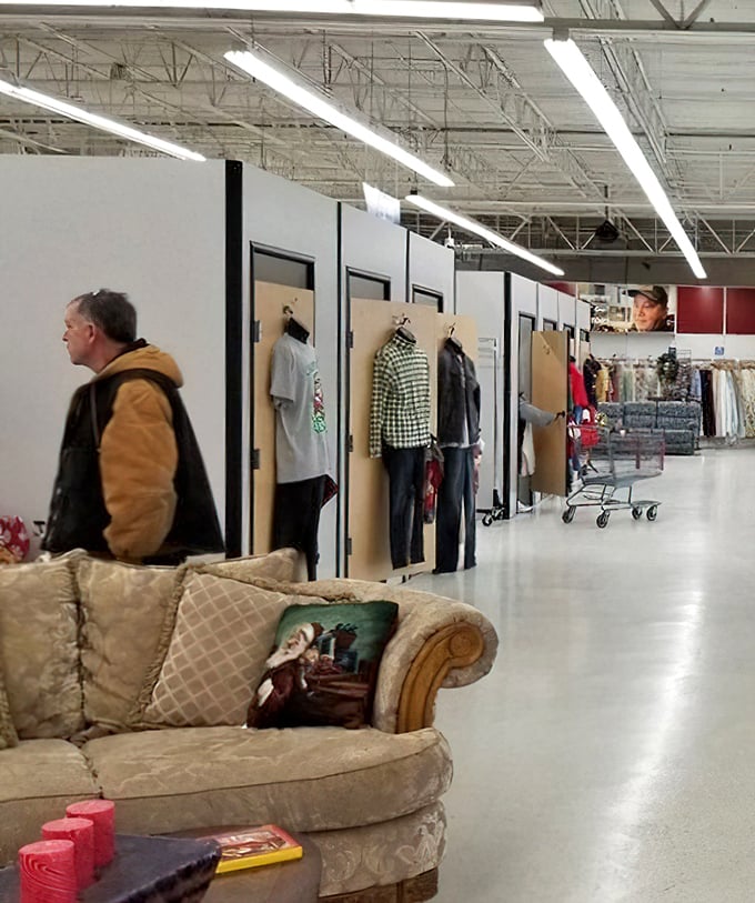 The fitting room area provides the crucial "try before you buy" experience—because thrift shopping without trying is like cooking without tasting.