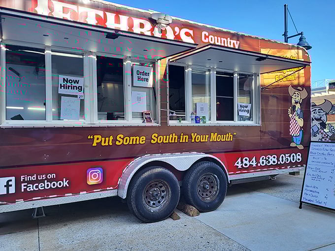 "Put Some South in Your Mouth" promises this food truck, offering shoppers a taste of comfort food that hugs your soul between store visits.
