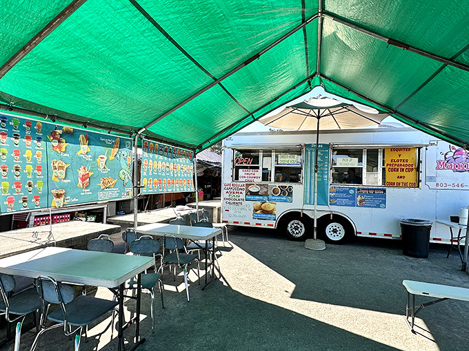 A food oasis emerges under green canopies, where picnic tables invite shoppers to refuel before diving back into the treasure hunt.