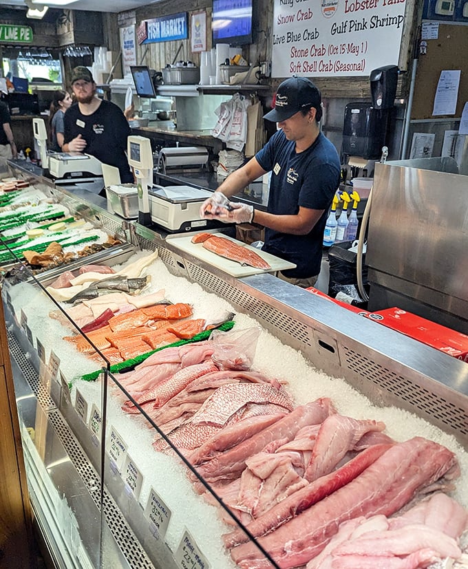 At the fish counter, today's catch awaits its destiny – a direct line from Gulf to plate with just a brief layover on ice.