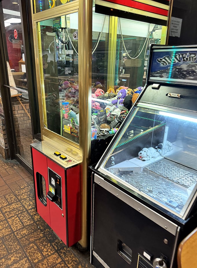 Claw machines and arcade games—because sometimes you need to work up an appetite or work off that extra slice of pie. Kids beg for quarters while adults secretly want to play too.