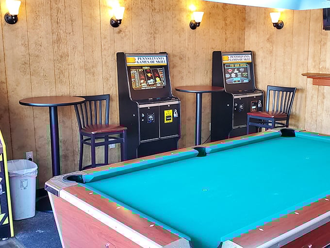 When the meal is done but the conversation isn't – there's always time for a friendly game of pool in the corner recreation area.