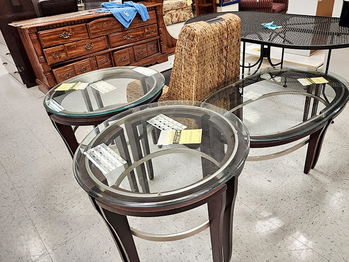 Glass-topped elegance at yard sale prices—these coffee tables have seen conversations in other homes and are ready for yours.