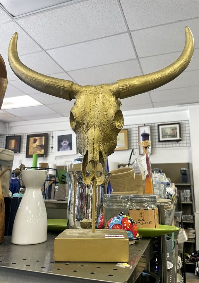 Nothing says "conversation piece" quite like a golden bull skull that costs less than dinner for two at Applebee's. 