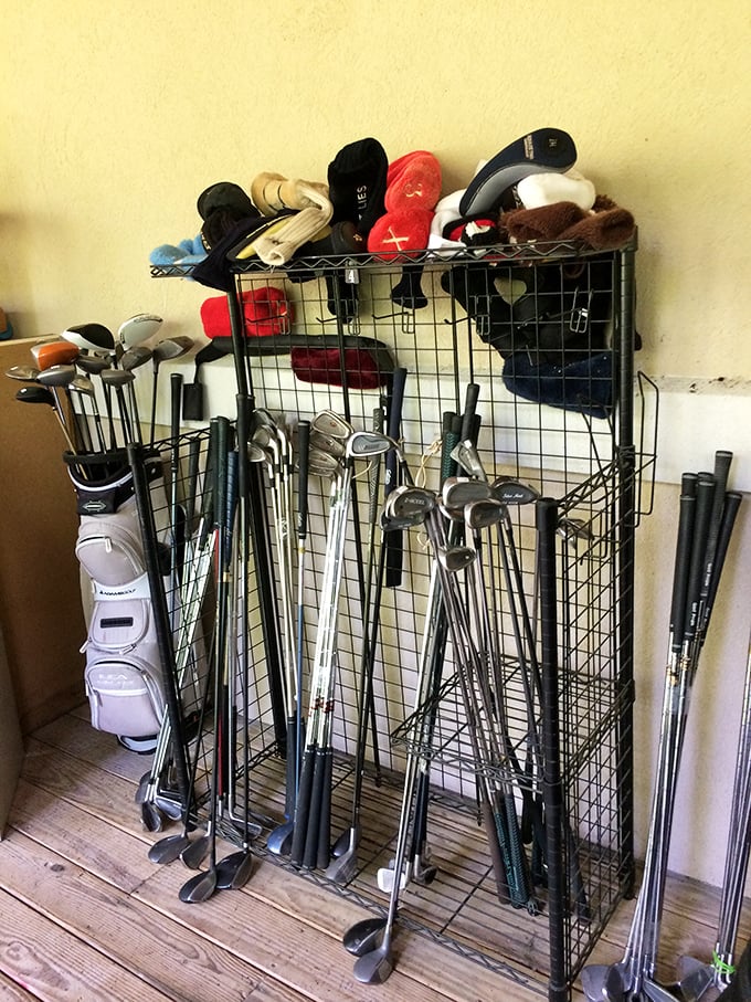 The golf club corral—where drivers, putters, and irons stand at attention, hoping to be selected for their next round on Lowcountry greens.