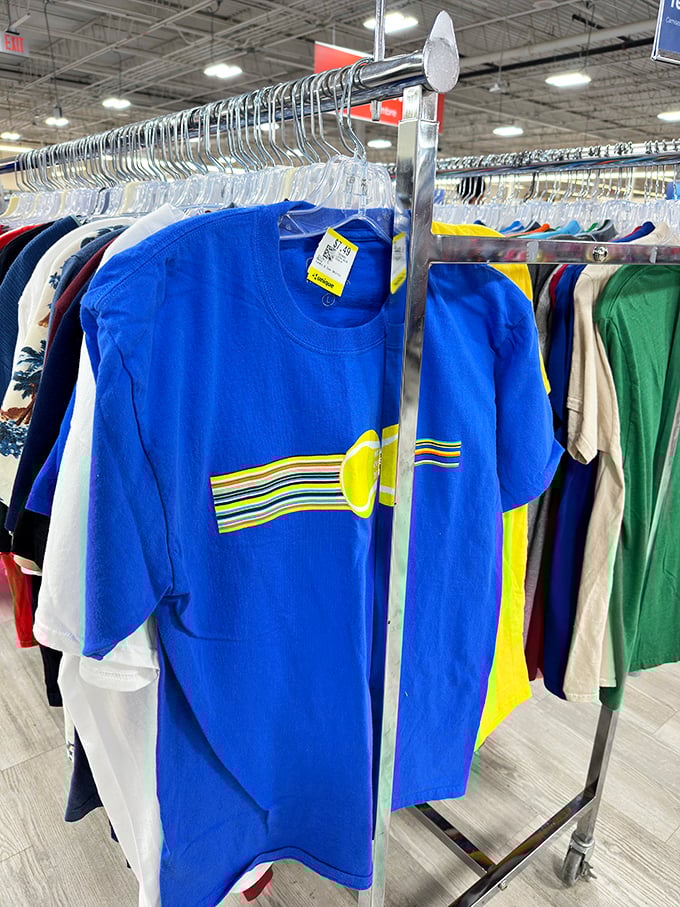 That blue t-shirt has seen things—possibly a concert, maybe a company picnic, or perhaps just years of faithful service in someone's weekend rotation.