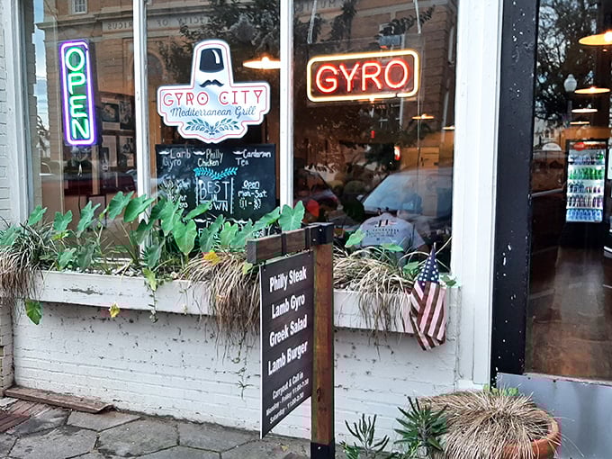 Gyro City's inviting storefront promises Mediterranean delights in the heart of Georgia. Those neon signs are calling my name!