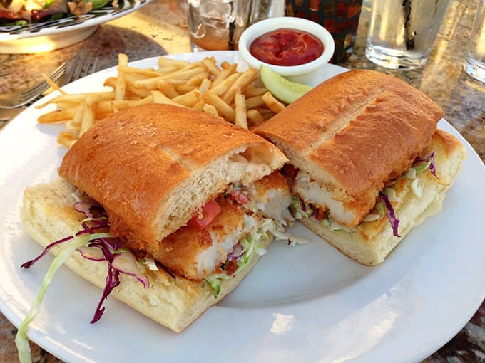 This halibut sandwich isn't just lunch—it's architecture. Crispy fish, fresh toppings, and bread that's somehow both soft and sturdy.